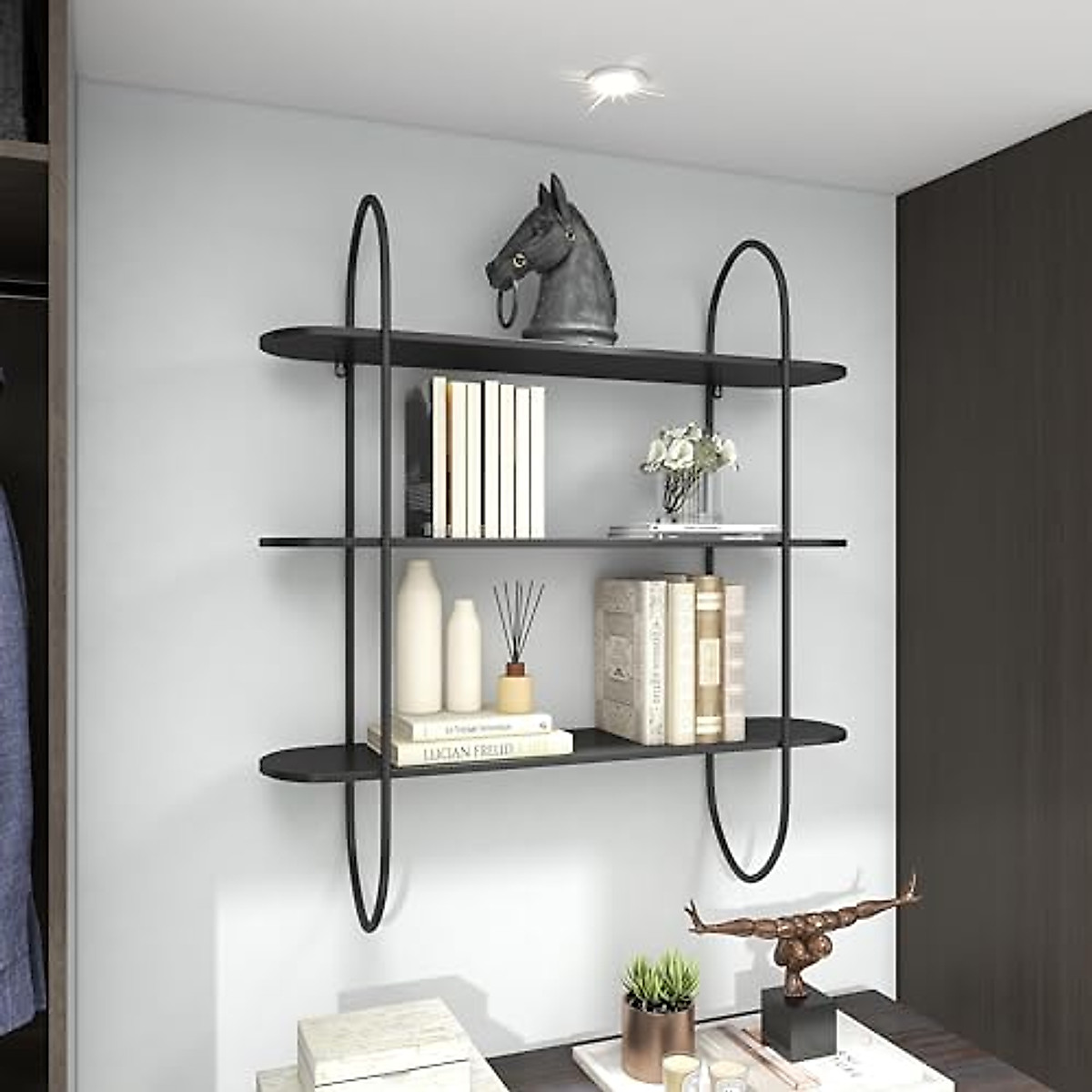 Deco 79 Metal Oval 3 Shelf Wall Shelf, 28" x 8" x 28", Black