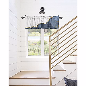 Window Curtain Valances for Kitchen Windows,Blue White Stone with Gold Stripe Rod Pocket Short Window Valance Modern Abstract Marble Agate Cafe Treatment Valance for Living Room/Bedroom,42x12in