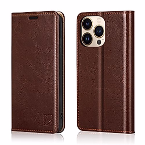 Belemay Case for iPhone 14 Pro Max Case Wallet-Genuine Leather Flip Phone Case-RFID Blocking Card Holders-Shockproof TPU Shell Folio Cover Women Men Compatible with iPhone 14 Pro Max (6.7-inch) Brown