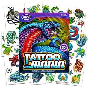 New School Temporary Tattoos for Boys Kids Adults -- 100 Bright and Bold Biker Tattoos with Monsters, Animals, Dinosaurs, and More (Party Supplies)