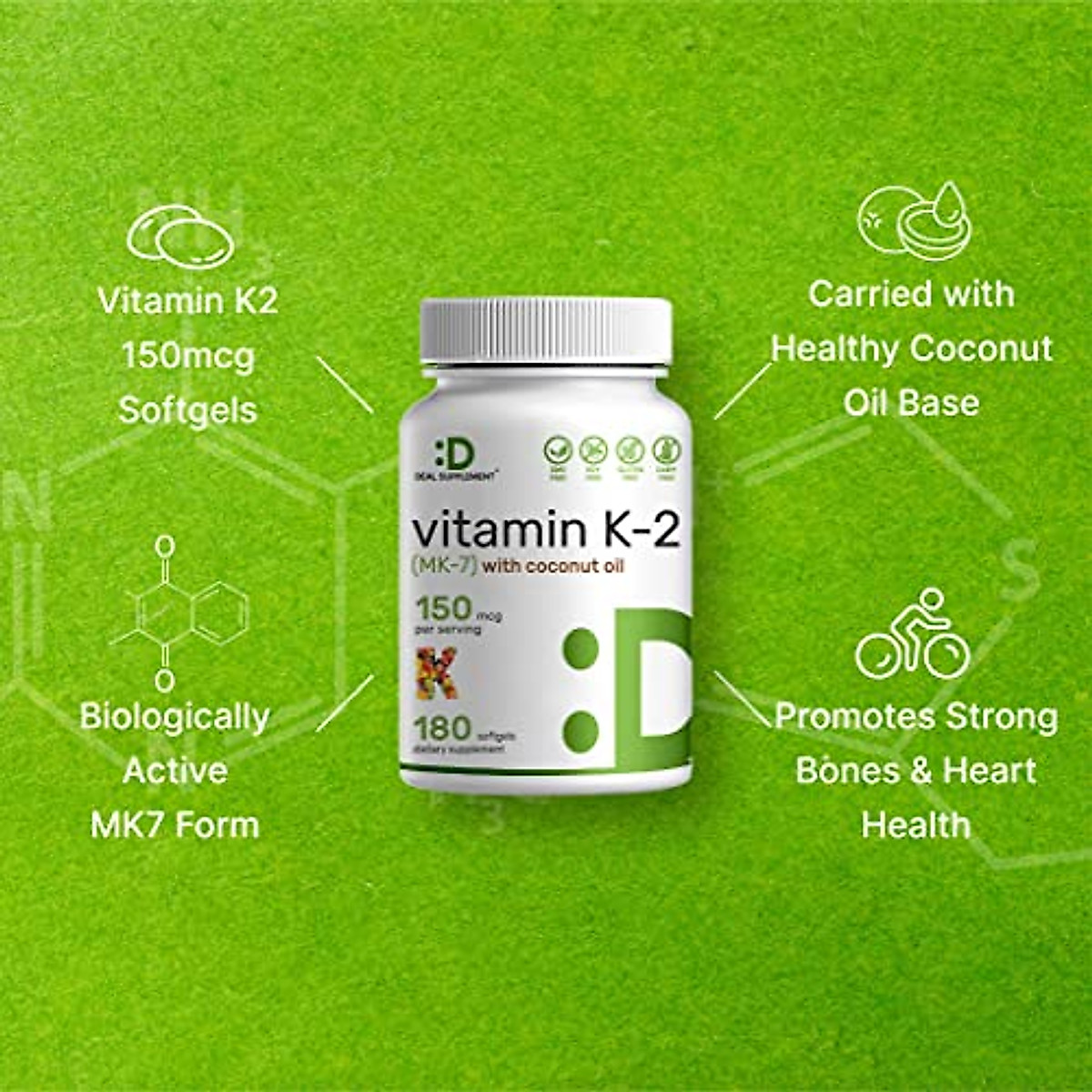 Vitamin K2 MK-7 with Virgin Coconut Oil, 180 Softgels - Vitamin K2 as Menaquinone-7 150 mcg | Advanced Vitamin K Supplement - Promotes Bone Health, Non-GMO, No Gluten