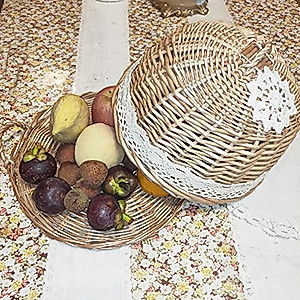 Coralpearl Rattan Wicker Woven Food Dome Lid Cover and Table Serving Tray Storage Plate Platter with Handles for Picnic Party Bread Cake Pizza Dry Fruit Dessert Indoor Outdoor (Brown)