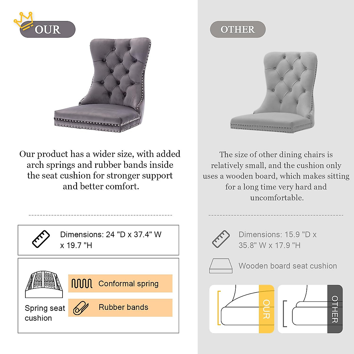 Virabit Tufted Dining Chairs Set of 6, Velvet Upholstered Dining Chairs with Nailhead Back and Ring Pull Trim, Solid Wood Dining Chairs for Kitchen/Bedroom/Dining Room (Grey)