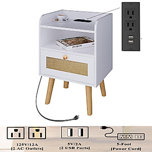 Gyger Nightstand Set of 2，Wood Nightstand with Charging Station，Bed Side Table with Rattan Decor Drawer，Small Night Table with Storage for Bedroom,White