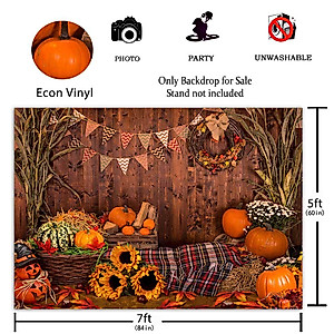 Funnytree 7x5ft Fall Thanksgiving Photography Backdrop Rustic Wooden Floor Barn Harvest Background Autumn Pumpkins Maple Leaves Sunflower Baby Portrait Party Decoration Photo Studio Booth Props