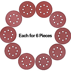 Swpeet 60 Pcs 10 Sizes 5 Inch 8 Hole Sanding Discs Sandpaper Hook and Loop Pads for Circular Sander Grits Sanding Sheets 10 Sizes - 40/60 / 80/100/ 120/180 / 240/320 / 400/800 Grits