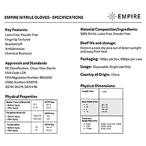 EMPIRE - Blue Nitrile Exam Gloves - Premium Grade - Non-Sterile - Powder Free - Single Use, Disposable - Latex Free - For Lab, Food Service, Home, & More - Medium - 1000 Count Case