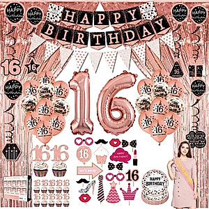 Sweet 16 Birthday Decorations Girls - (76pack) Rose Gold Party Banner, Pennant, Hanging Swirl, Birthday Balloons, Foil Backdrops, Cupcake Topper, Plates, Photo Props, Sash, Happy 16th Birthday Gifts