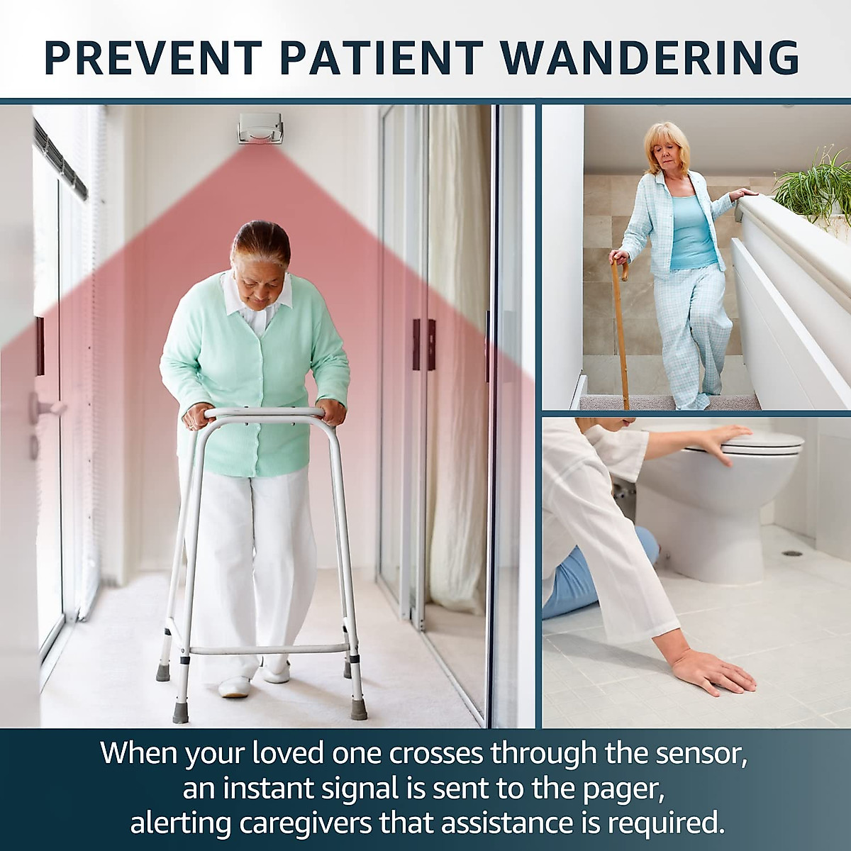 Bed Alarm Caregiver Pager with Wireless Motion Sensor Alarm Indoor Fall Prevention for Elderly Monitoring Seniors Dementia Patients Seniors Home Door Chime