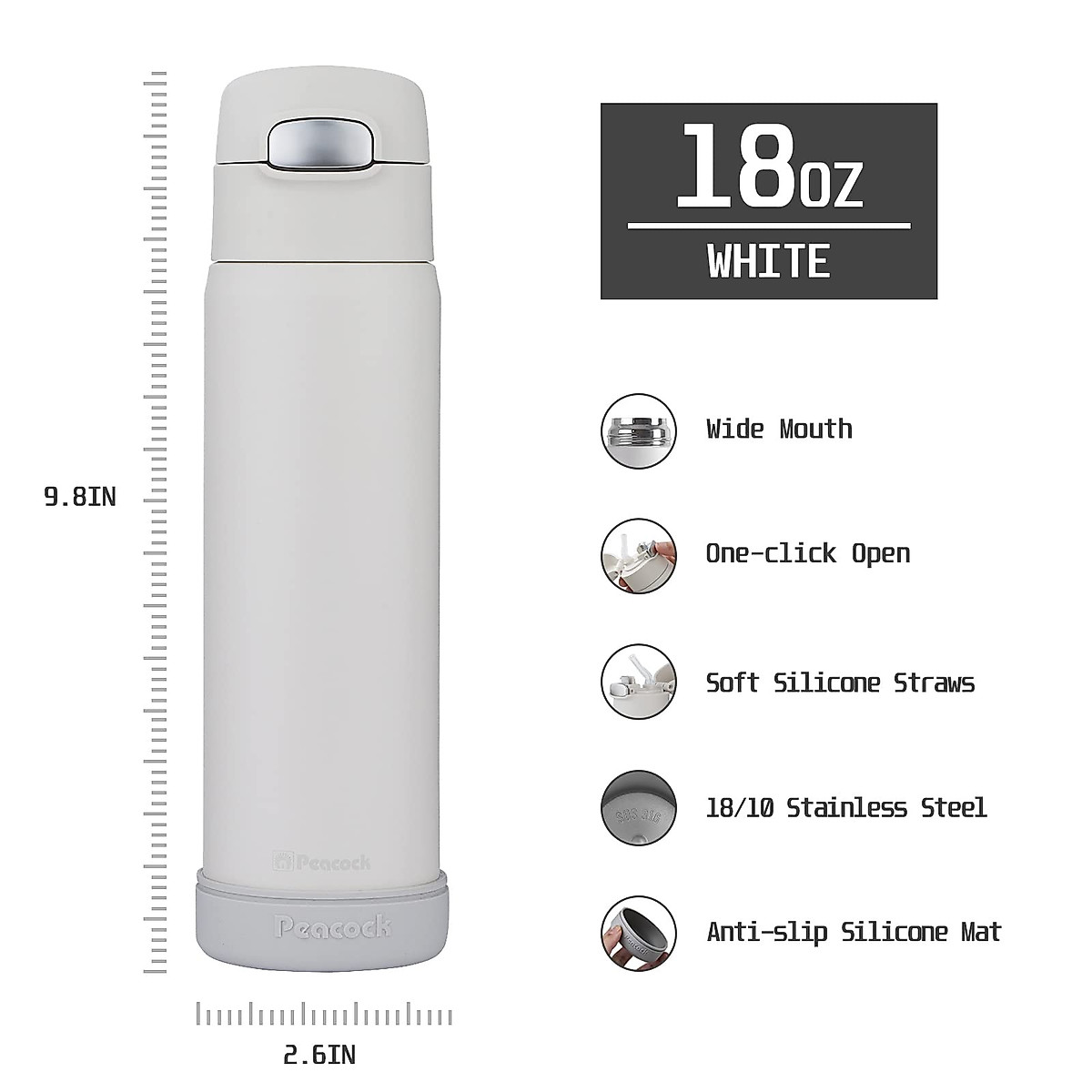 TSURUYA Insulated Water Bottle with Straw, Flip-up Stainless Steel Leakproof BPA-Free 18oz Thermos with Straw