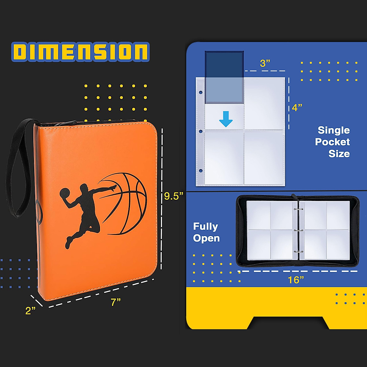 Basketball Card Binder, 4Pocket Zipper Sports card binder, 400 Double Sided Pocket Waterproof Album, Basketball Cards Display Holder, Expandable, For Gaming Cards, Yugioh, MTG and Other TCG (Orange)