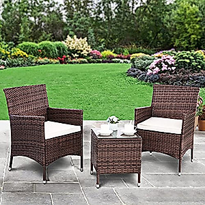 Polar Aurora 3pcs Patio Bistro Set Outdoor Armchairs PE Rattan Wicker Furniture 3 Piece Conversation Set Garden Table and Chairs with Washable Cushions