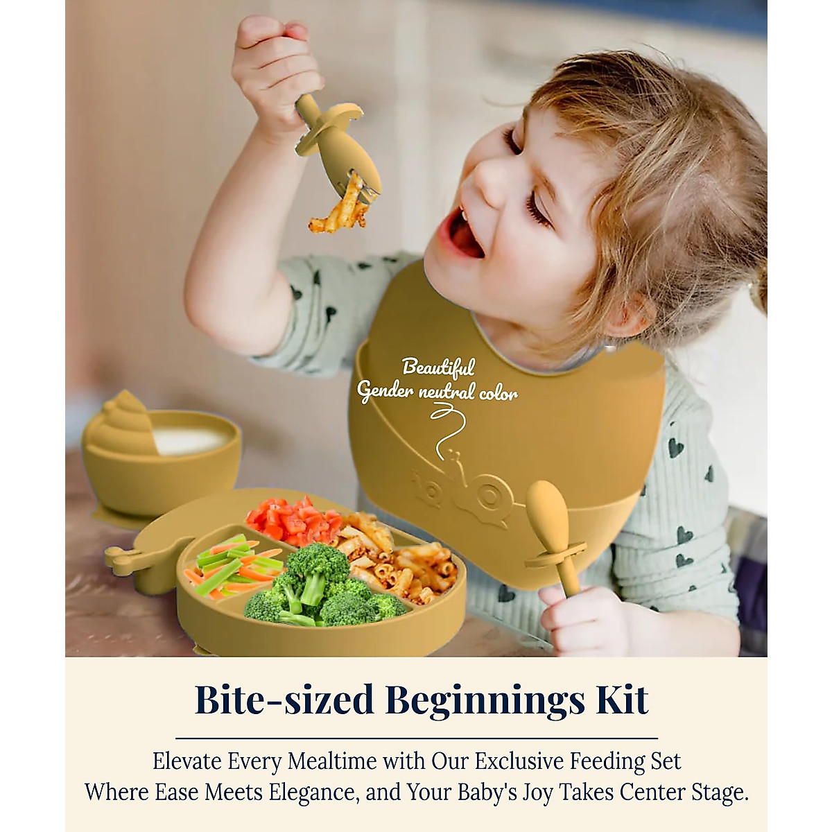 Tumtots - Premium Quality Silicone Baby Feeding Set & Baby Led Weaning Supplies Attractive Self Feeding Design with Strong Suction Plate & Suction Bowl, Stylish Bib, Sippy Cup, Spoon & Fork Utensils