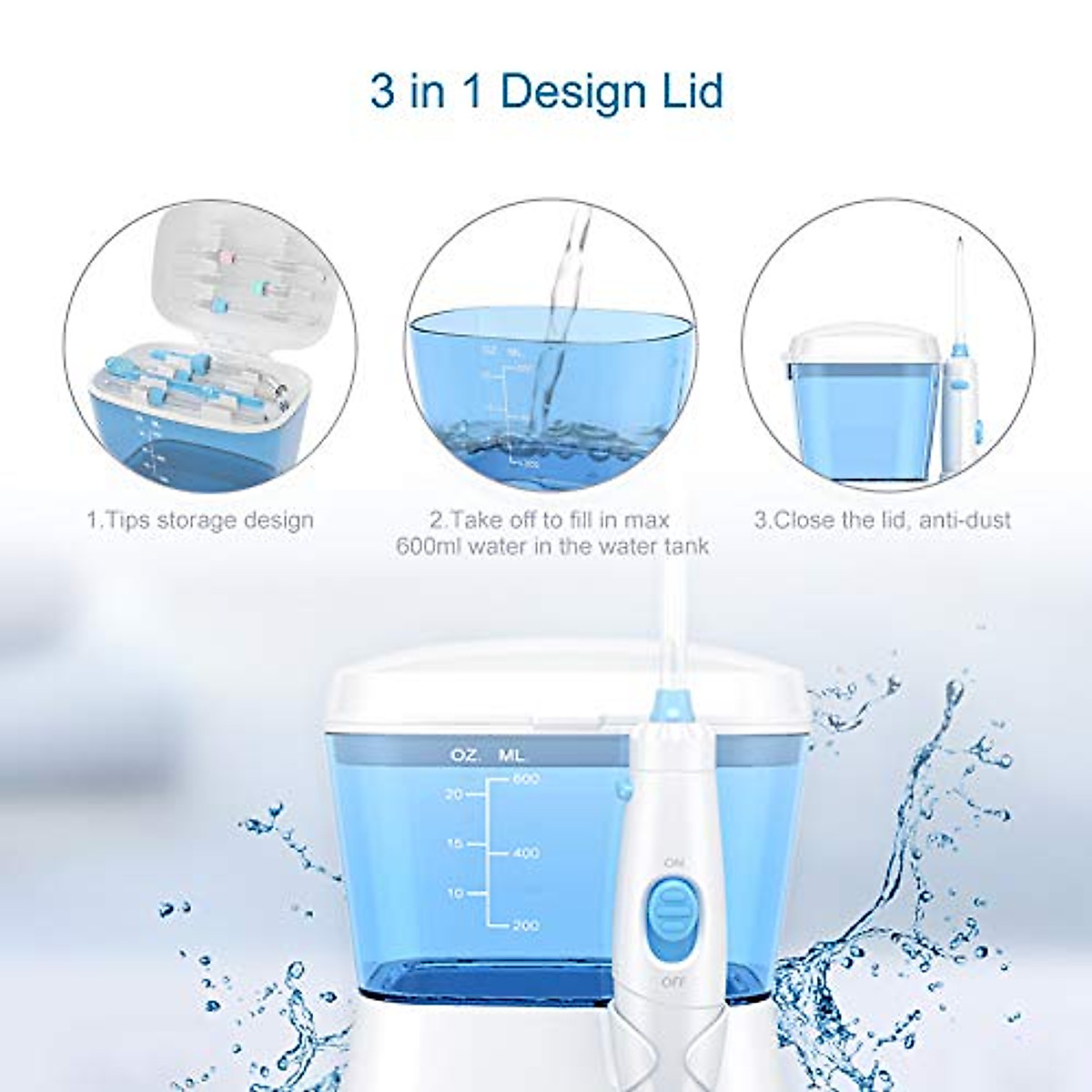 TUREWELL Water Flossing Oral Irrigator, 600ML Dental Water Teeth Cleaner 10 Adjustable Pressure, Electric Dental Oral Flosser for Teeth/Braces, 8 Water Jet Tips for Family (White)