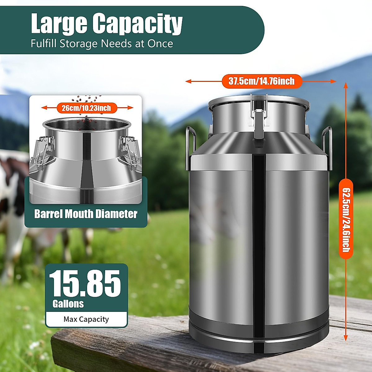 EcoTypee 15.85Gal/60L Milk Can - 201 Stainless Steel Milk Jug,Thick Handle with Sealed Lid Heavy Duty Milk Bucket Wine for Kitchen, Rice Cereal Grain Canisters Container