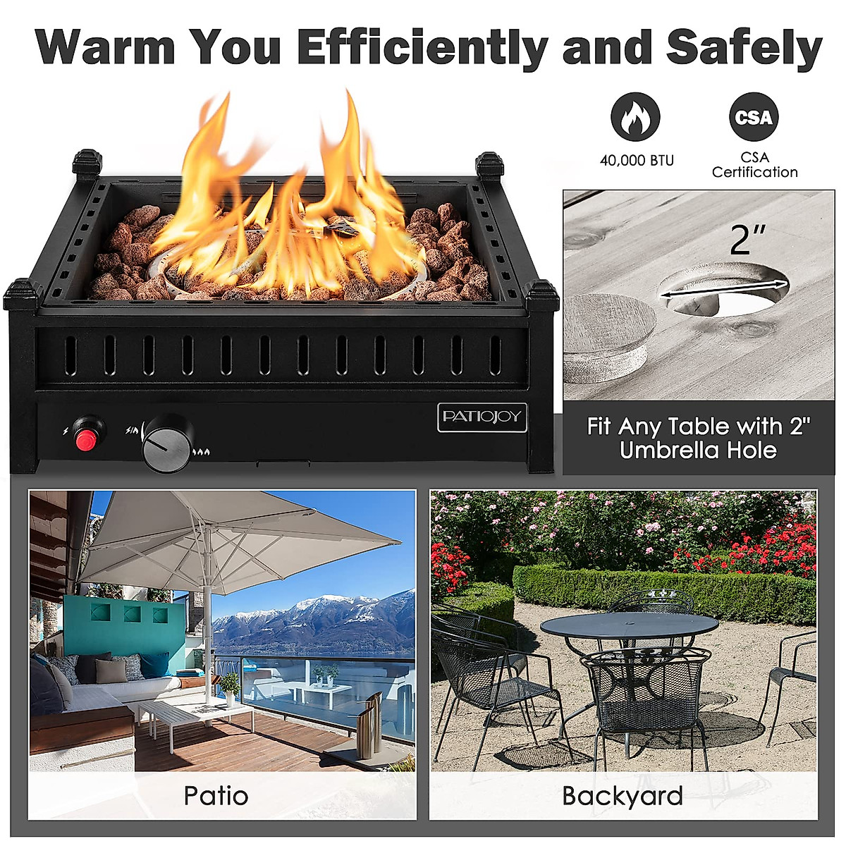 Tangkula Portable Tabletop Propane Fire Pit, Patiojoy 40,000 BTU Table Top Fireplace with Simple Ignition System, Adjustable Flame, Square Propane Firepit Bowl for Outdoors, Fit 2” Umbrella Hole Table