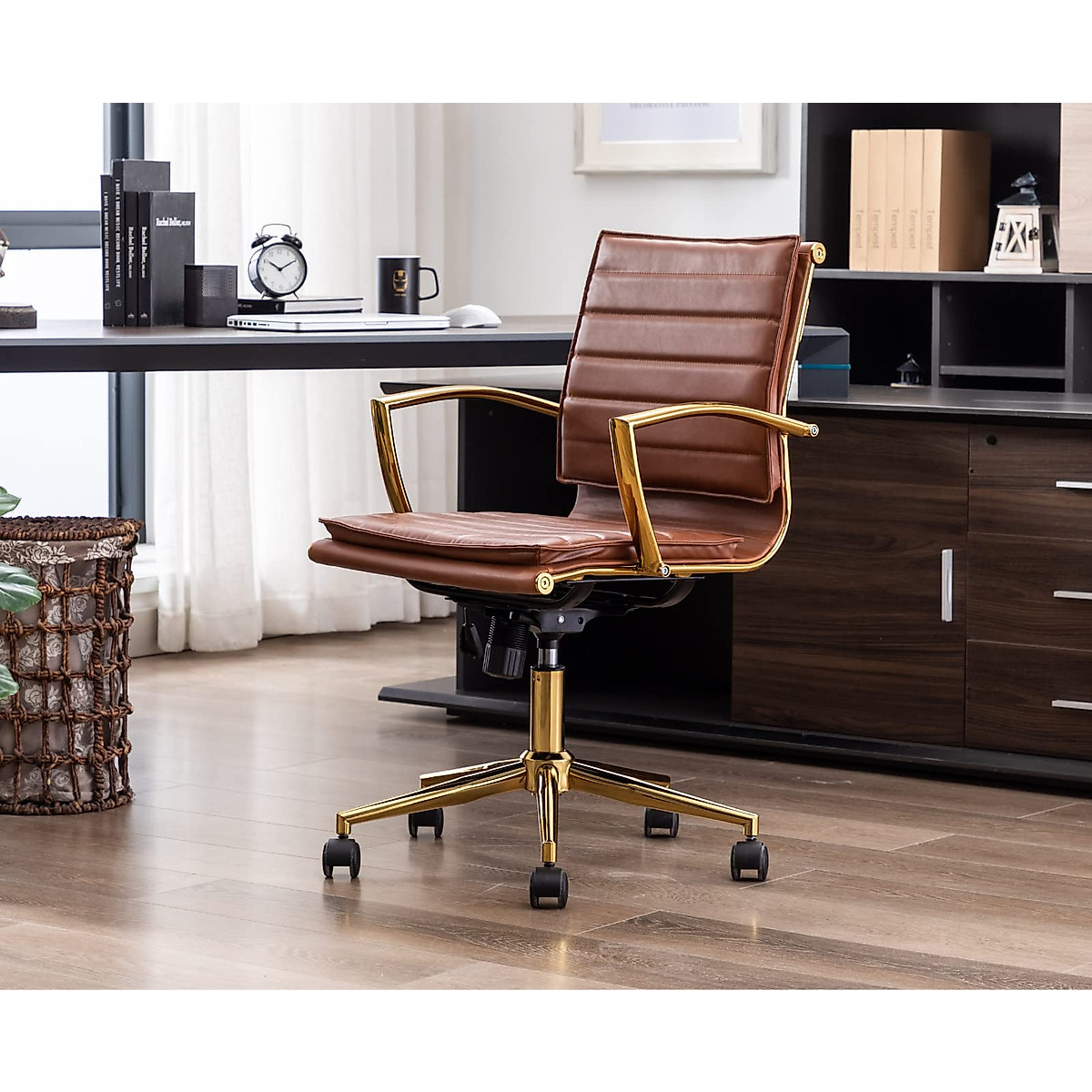 EALSON Modern Leather Office Chair Comfortable Home Office Desk Chair with Wheels and Arms Gold Base Conference Chair Ergonomic Computer Task Chair Adjustable Swivel Chair, Brown