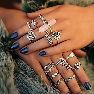 17 MILE 82 Pcs Vintage Silver Knuckle Rings Set for Women, Bohemian Stackable Joint Finger Rings, Retro Stone Crystal Stacking Midi Rings Pack (Silver)