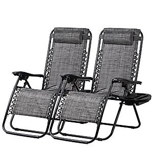 Nazhura Set of 2 Relaxing Recliners Patio Chairs Adjustable Steel Mesh Zero Gravity Lounge Chair Beach Chairs with Pillow and Cup Holder(Grey)