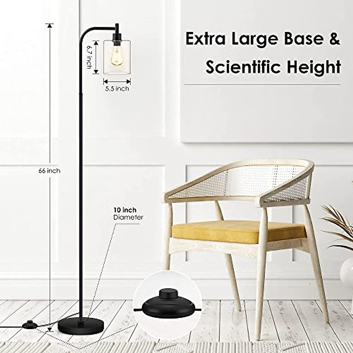 Floor Lamp, Standing Lamp with Glass Lampshade, 6W LED Bulb Included, Modern Floor Lamp with Foot Switch, Industrial Floor Lamp, Bright LED Floor Lamp for Living Room and Bedroom, Office, Simple Style