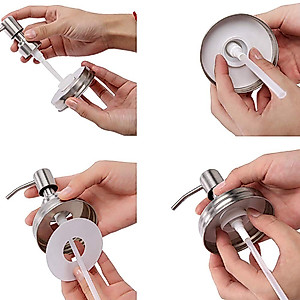 4 Pack Mason Jar Soap Dispenser Lids with Pumps, Rustproof Stainless Steel Lotion Soap Dispenser Lids Replacement for 16 oz Regular Mouth Mason Jar Decor, 4 Brushes Included Silver