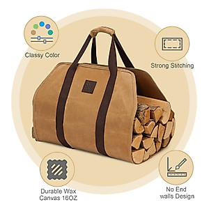 WILLOW WEAVE Firewood Carrier Bag, Khaki Color, Water-Resistant, 40" L x 19" W, with Padded Handle, Cross-Stitched Straps, Foldable Design