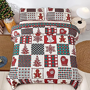 Christmas Quilt Set King,3 Pieces Reversible Christmas Tree Gloves Snowman Snowflake Pattern Bedspread Xmas Plaid Bedding Coverlet with 2 Pillowcases 104”x90”
