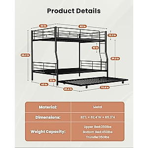 Miscoos Full XL Over Queen Bunk Bed with Trundle, Heavy-Duty Bunk Bed Frame with Ladder and High Guardrail, Convertible into 3 Beds for Kids Teens Girls Boys, Black