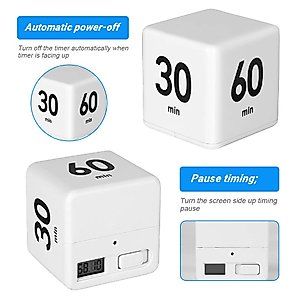 welltop Cube Timer, 2 Pack Kitchen Timer with 4 LED Light Alarm Kids Child Exercise Workout Gravity Sensor Flip Timer for Time Management and Countdown Settings (White - 1 3 5 10 and 15 20 30 60 min)