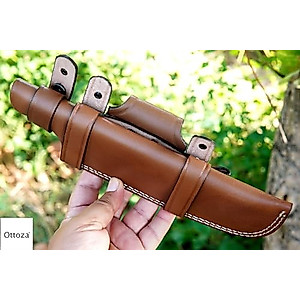 Ottoza Handmade XL Leather Knife Sheath RIGHT HAND Tracker Knife Sheath - Bushcraft Knife Sheath - Hunting Knife Sheath - Survival Knife Sheath Horizontal Carry Dark Brown TOP GRAIN LEATHER No:205