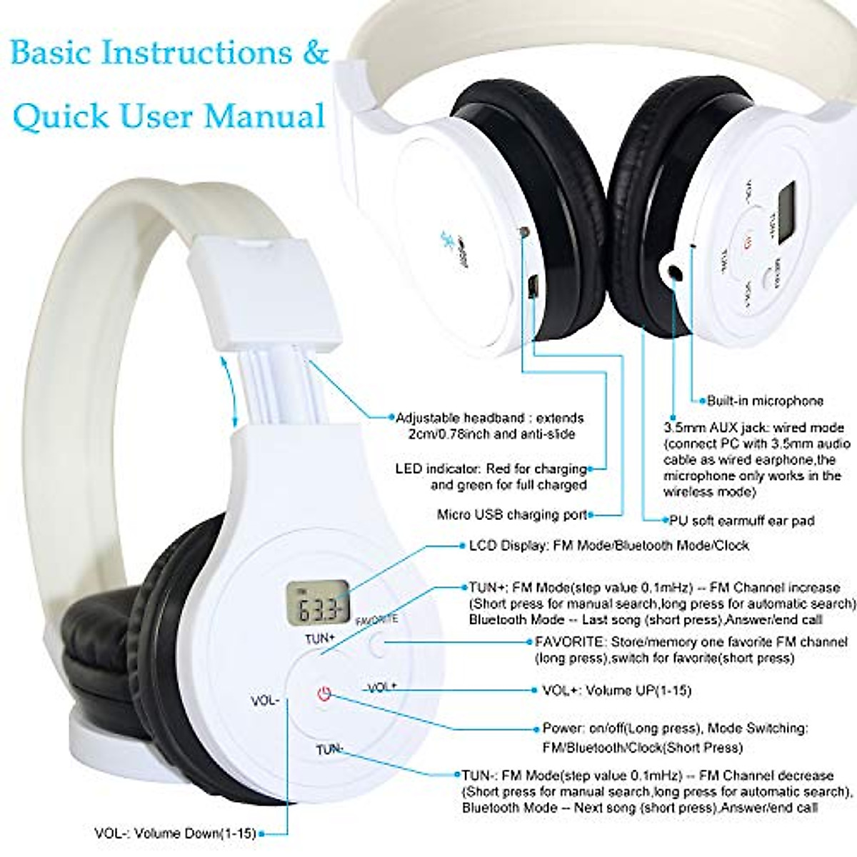 EXMAX Wireless Over Ear Stereo Bluetooth Headphones Headsets Music Payer Receiver Noise Reduction Canceling FM Safety Earmuffs Hearing Protection AUX Audio Cable for Lawn Mower Walking Parents Travel