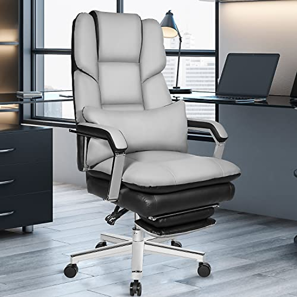 SeekFancy Reclining Office Chair with Footrest, Big and Tall Office Chair 500lbs Wide Seat with 170°Backrest, High Back Leather Managerial Chair Lumbar Support，Grey Executive Office Chair Set of 8