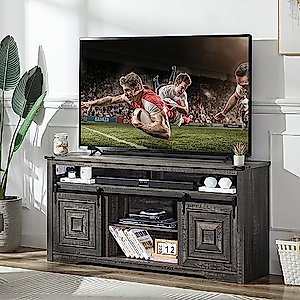 Okvnbjk TV Stand for 75+ inch TV, 66" Farmhouse Entertainment Center w/Adjustable Shelves & Sliding Barn Doors, Tall TV Console for Living Room, Game Room, Black Media Console w/Storage, Dark Oak