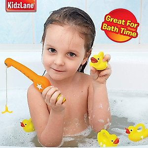 Kidzlane Bathtub Toys Fishing Game - 1 Toy Fishing Pole and 6 Rubber Ducks - Teaches Numbers & Shapes - Great Learning bath toy for Babies, Toddlers & Kids