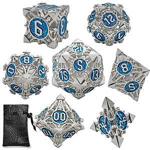 AHDKEJG Metal DND Dice Set D&D Hollow Dungeons and Dragons Gifts Polyhedral D20 Sided Dice RPG MTG Table Games Pathfinder Accessories Role Playing 7pcs D20 D12 D10 D% D8 D6 D4-Silver Blue