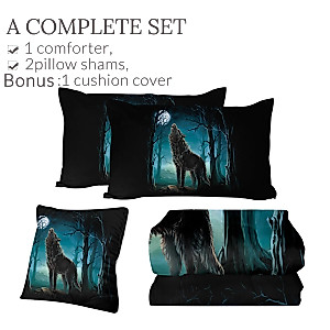 Dream Catcher by JoJoesArt Wolf Moon Comforter Set Full Size Bedding with Wolves 4 Pieces Galaxy Wolf Bed Set for Kids Boys Soft Lunar Eclipse Bedspreads with 2 Pillow Shams 1 Cushion Cover (Full)