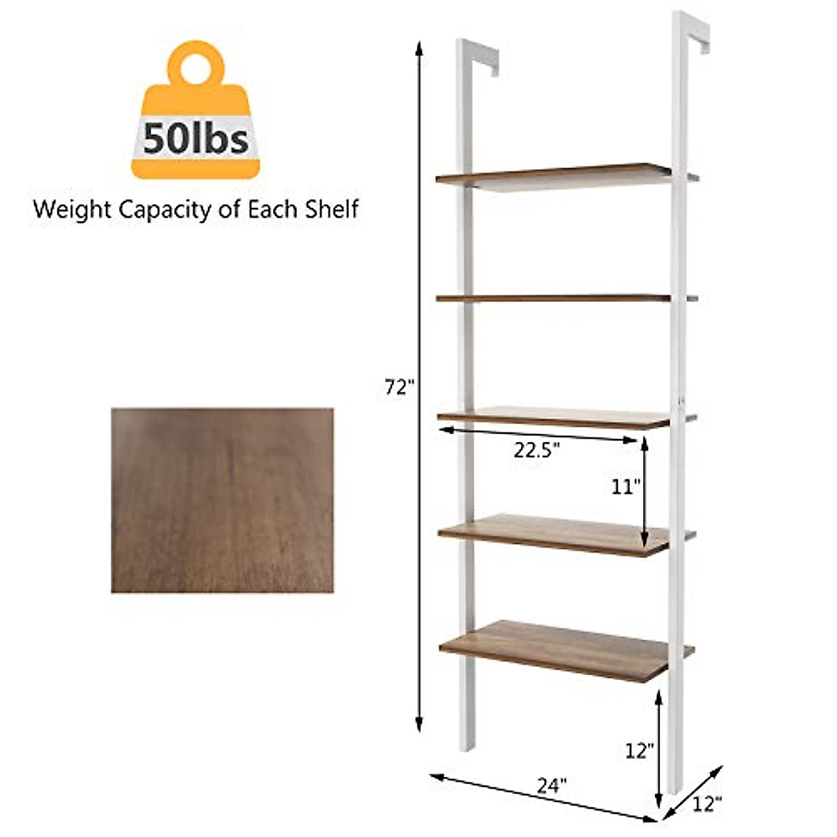 Tangkula Industrial Ladder Shelf Against The Wall, 5-Tier Wall Mount Ladder Bookshelf with Metal Frame, 72 Inches Open Bookcase Plant Flower Stand Display Storage Rack for Home Office
