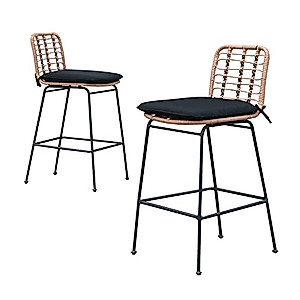 Patiorama Outdoor Bar Stools Set of 2, Patio Counter Height Stools & Bar Chairs w/Footrest, Hand-Woven Armless Beige Rattan Bar Set Patio Furniture for Garden,Pool, Indoor,Cafe,Kitchen(Black Cushion)