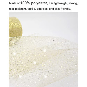 Glitter Gold Tulle Fabric Rolls, 6 Inch 50 Yards (150ft) Sparkling Spool Ribbon Sequin Netting for Tutu Skirt Gift Wrapping Wedding Party Decoration (White/Gold)
