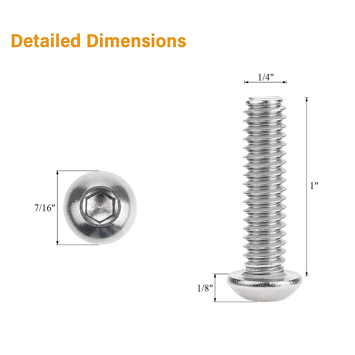 Powlankou 30 Pieces 1/4-20 x 1" Hex Button Head Socket Cap Bolts, Stainless Steel 18-8 (304), Full Thread