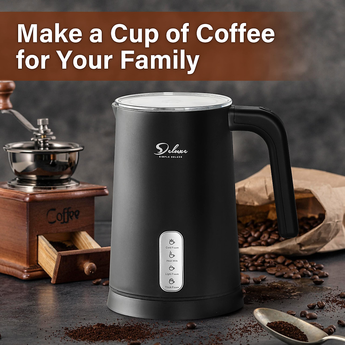 Simple Deluxe Automatic Milk Frother, 4-in-1 Electric Milk Steamer, 250ml/8.4oz Hot and Cold Milk Foam Maker and Milk Warmer for Latte, Macchiato, Cappuccinos, Classic Black