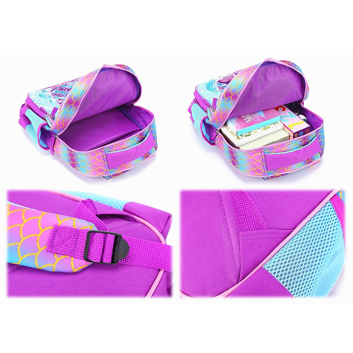 Reversible Sequin School Backpack Lightweight Little Kid Book Bag for Preschool Kindergarten Elementary (15", Mermaid)