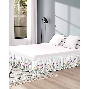 Florals Butter-Fly Bed Skirt Queen Size 18 Inch Drop, Adjustable & Elastic Wrap Around Bed Skirts Pleated Luxury Dust Ruffles for Twin Full Queen Cal King Base Bed, Spring Summer Flower Leaves