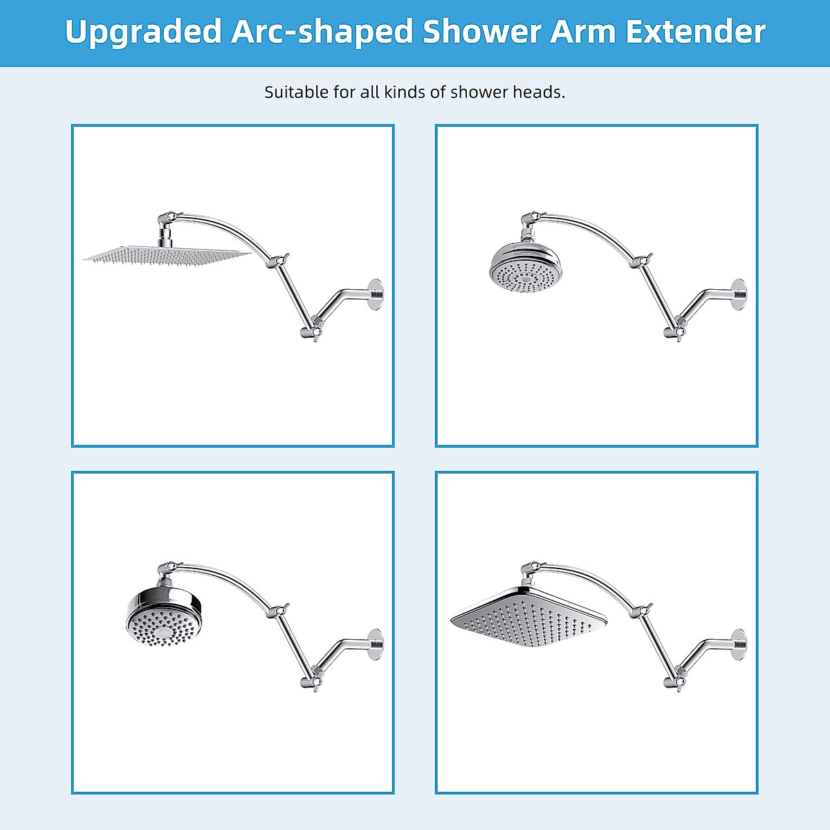 Hibbent All Metal 16'' Shower Head Extension Arm Solid Brass Flexible Height & Angle Adjustable Shower Arm Extender with Lock Joint, Universal Connection Stainless Steel Pipe Height Extending, Chrome