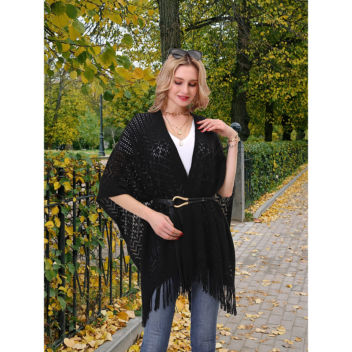 Knit Shawl Wrap for Women - Soul Young Ladies Fringe Knitted Poncho Blanket Cardigan Cape(One Size,Black)