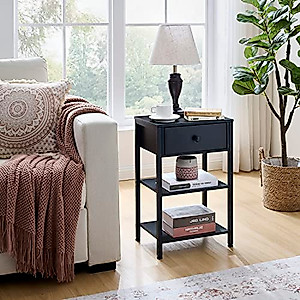 Hoctieon Nightstand, Nightstand with Drawer, Small Bedside Table, End Table with Drawer, Small Nightstand, Industrial Nightstand, Easy Assenbly, for Bedroom, Living Room, Office, Wood, Black