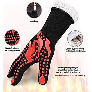 BBQ Gloves 1472℉ Extreme Heat Resistant Protective Cooking Gloves Food Grade Kitchen Oven Mitts with Silicone Non-Slip Grip for BBQ Cooking/ Baking/Smoker/ Fireplace/Welding/ Large & XL (Red+Blue)