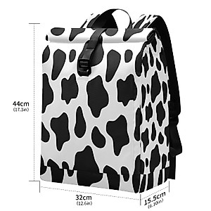 Cow Print Backpack Roll Top Backpack Black White Trendy Backpack Women & Men Casual Daypack Laptop Pocket