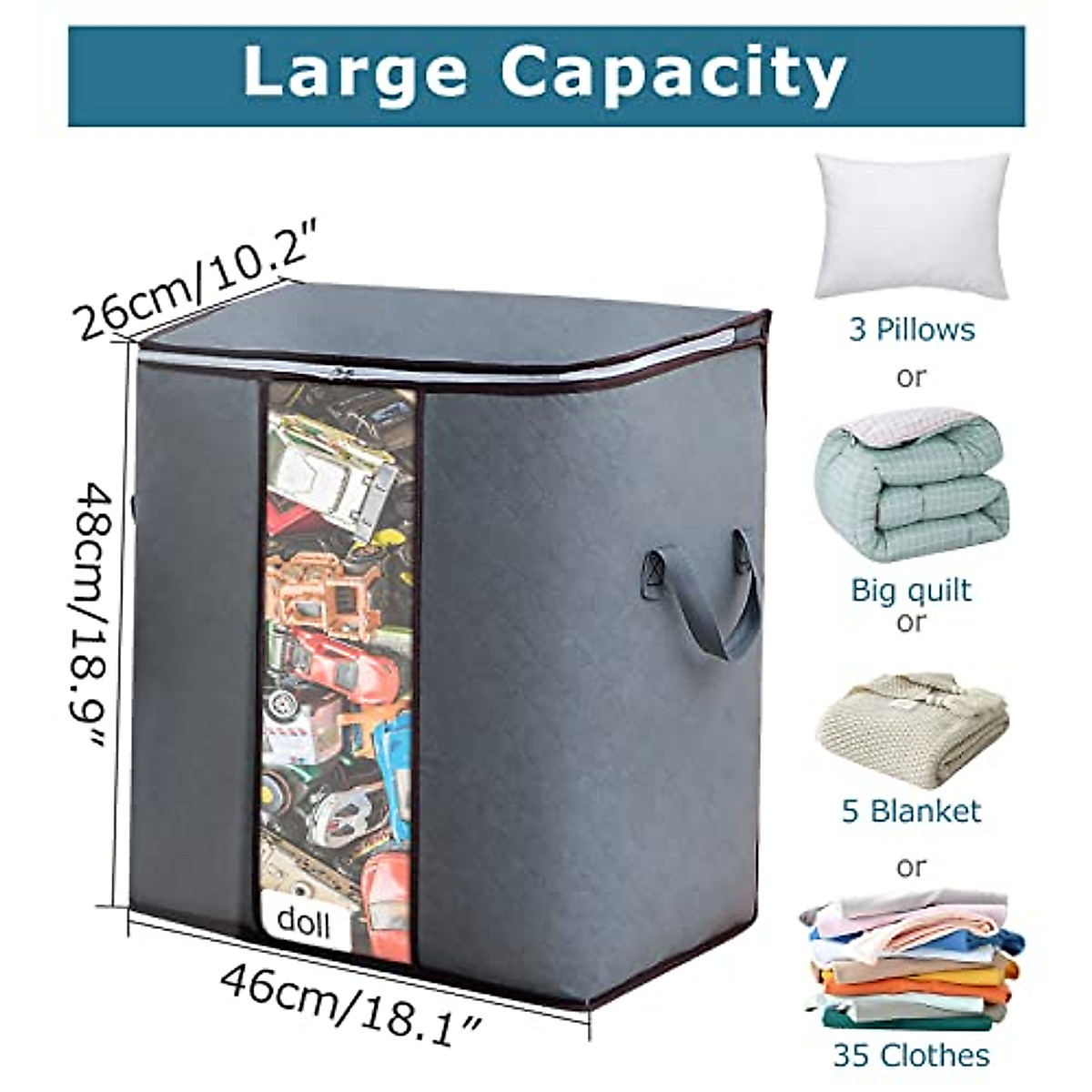 toresper 2Pcs closet organization and storage,Large Capacity toy storage with Reinforced Handles,Foldable Storage Bags with Clear Window for Clothes Pillow Blankets Bedding