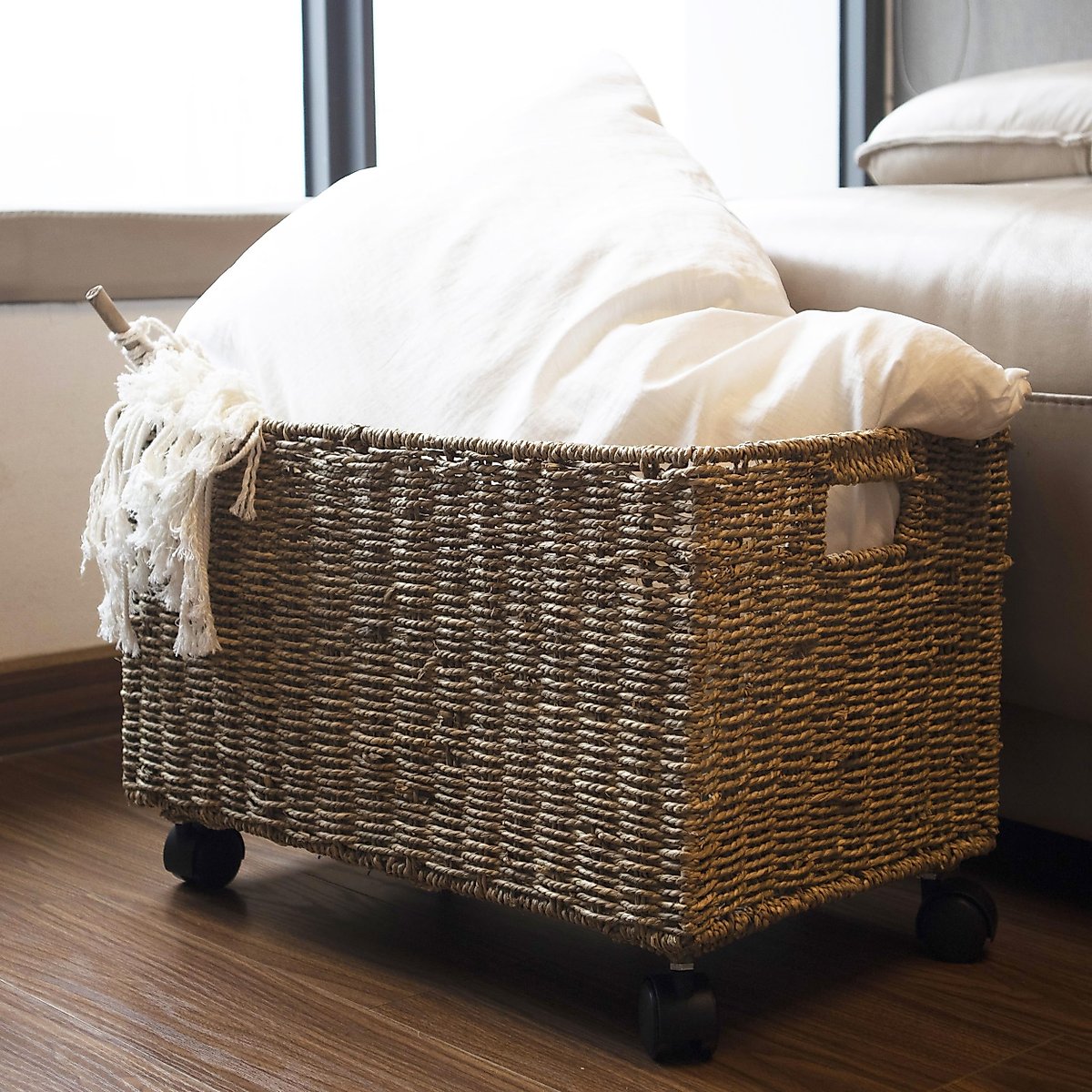 PEMAR Set 2 (different sizes nesting in a set) Natural Wicker Rolling Storage Baskets on Wheels w Insert Handle, Under Table Under Desk Storage Bins, Mobile File Cabinet Organiser. Seagrass